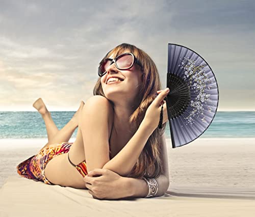 Amajiji Small Folding Hand Fans, Stay Cool and Stylish with Bamboo Handheld Silk Fans - Perfect for Hot Flashes, Music Festivals, Parties, Performances, and Gifts (Double Black Sakura)