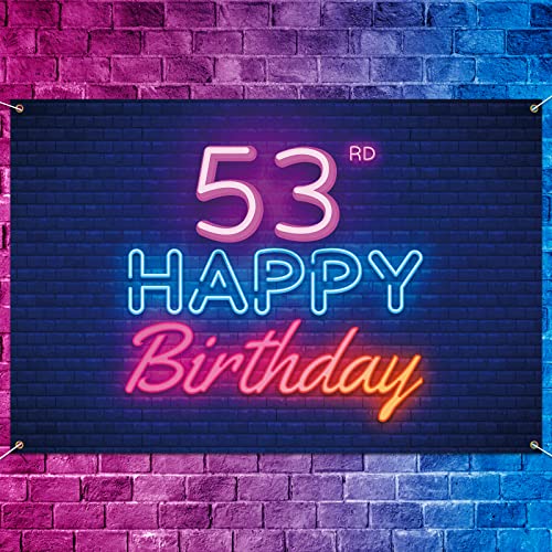 Glow Neon Happy 53rd Birthday Backdrop Banner Decor Black – Colorful Glowing 53 Years Old Birthday Party Theme Decorations for Men Women Supplies