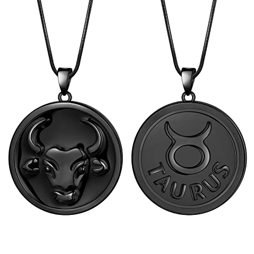 Taurus Necklace Zodiac Pendant for Men - Constellation Zodiac Star Sign Horoscope Pendant Black Gun Plated Astrology Birthday Gifts Mens/Women Jewelry SP0085J-K