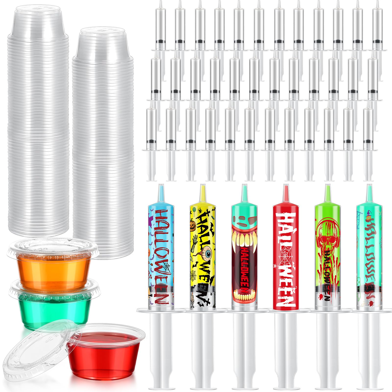 Jenaai 108 Pack Jelly Syringes Set Includes 36 Plastic Jelly Syringes 36 Disposable 2 oz Jelly Containers with Lids and 36 Clear PVC Halloween Stickers for Halloween Party Supplies