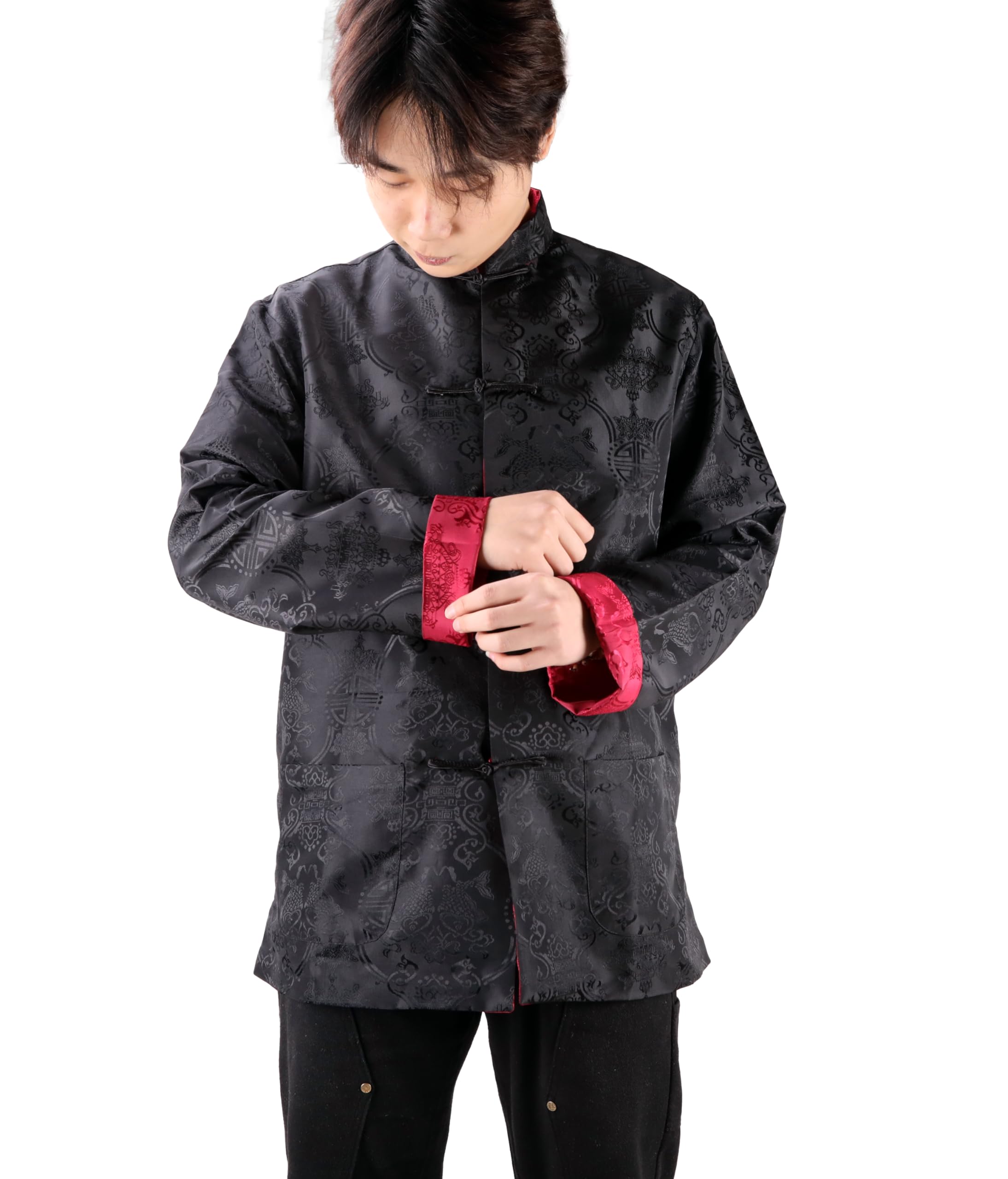 DLSNZ Men's Traditional Chinese Kung Fu Clothing Hanfu & Tang Suit Jacket Wing Chun Uniform Martial Arts Coats (Black+Wine Red, Large)