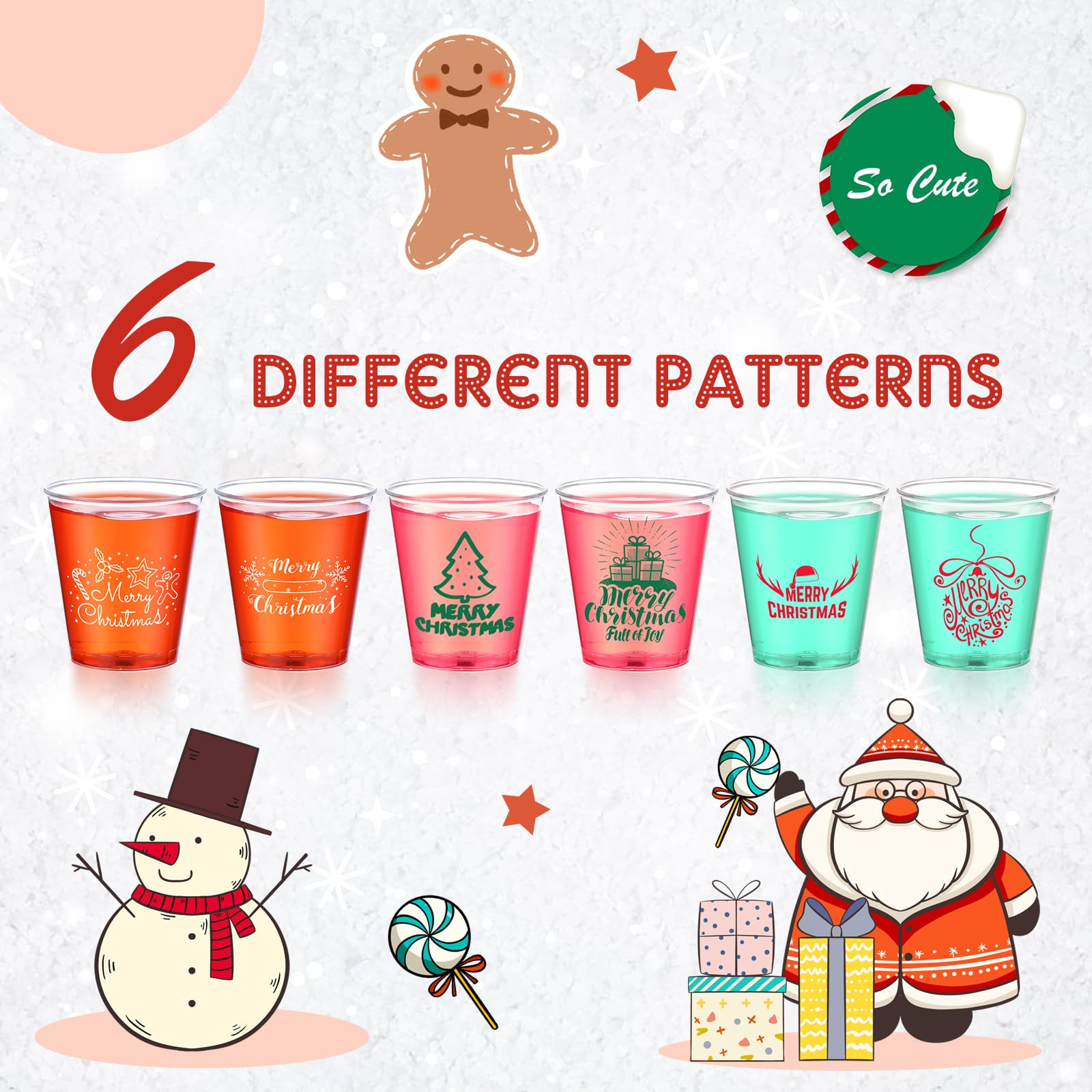 Nuogo 120 Pieces Merry Christmas Plastic Shot Glasses 2 oz Christmas Party Shot Cups Bulk Disposable Plastic Drinking Tasting Cups for Whiskey Xmas Party Supplies