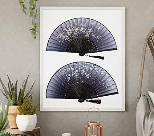 Amajiji Small Folding Hand Fans, Stay Cool and Stylish with Bamboo Handheld Silk Fans - Perfect for Hot Flashes, Music Festivals, Parties, Performances, and Gifts (Double Black Sakura)