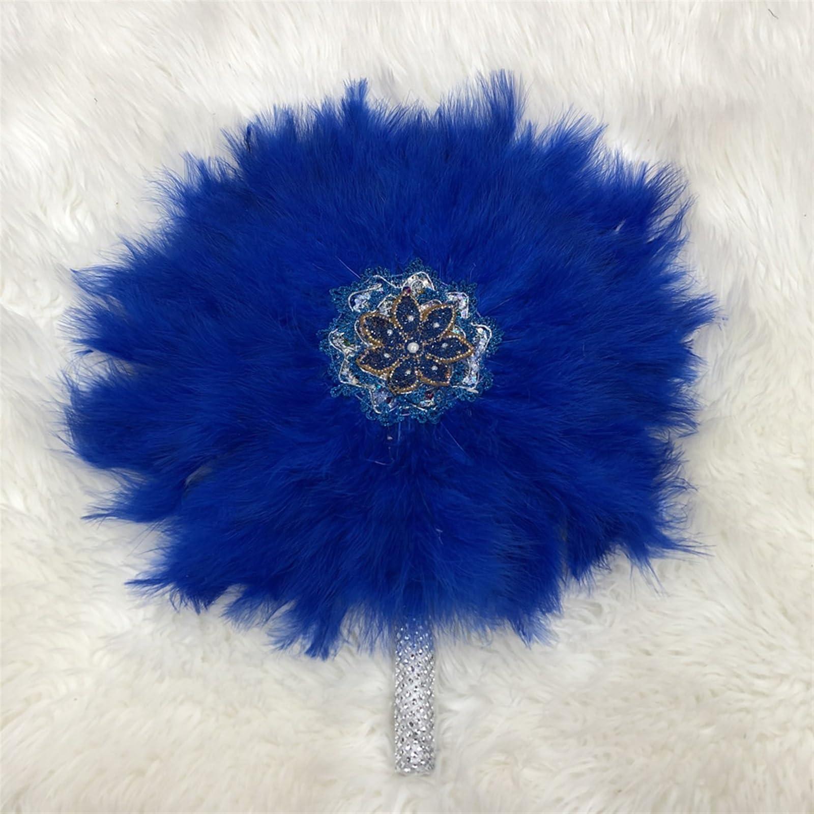 Folding Hand Fans 1pcs African Turkey Feather Hand Fan Feathers Hand Fan for Dance Wedding Decoration Fan with Stones One-Sided Blue Fan-AF30 Weddings Folding Fans Chinese Fans Japanese Fans ( Color :