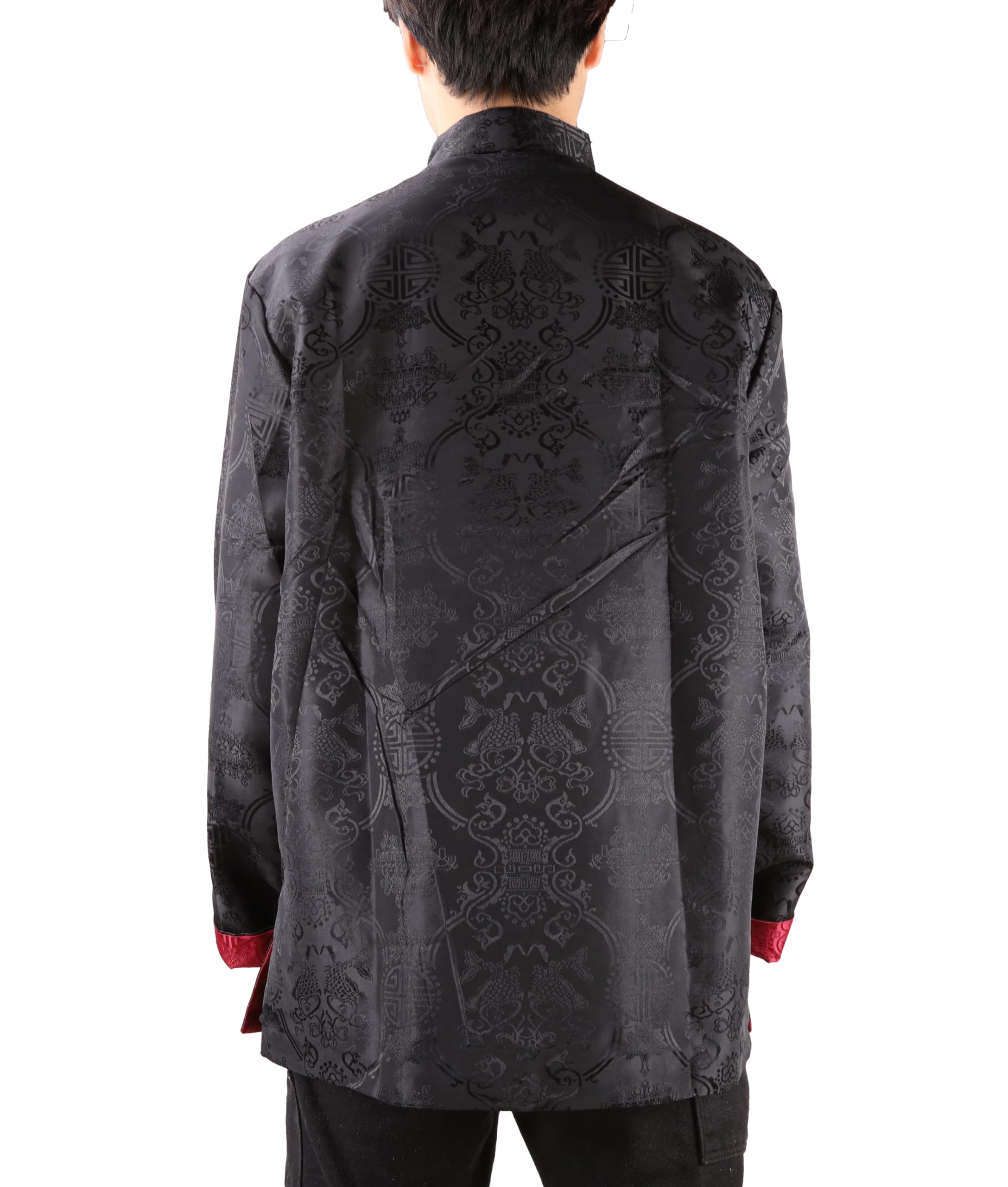 DLSNZ Men's Traditional Chinese Kung Fu Clothing Hanfu & Tang Suit Jacket Wing Chun Uniform Martial Arts Coats (Black+Wine Red, Large)
