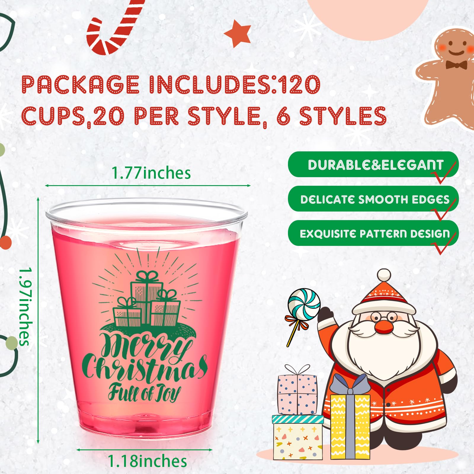 Nuogo 120 Pieces Merry Christmas Plastic Shot Glasses 2 oz Christmas Party Shot Cups Bulk Disposable Plastic Drinking Tasting Cups for Whiskey Xmas Party Supplies
