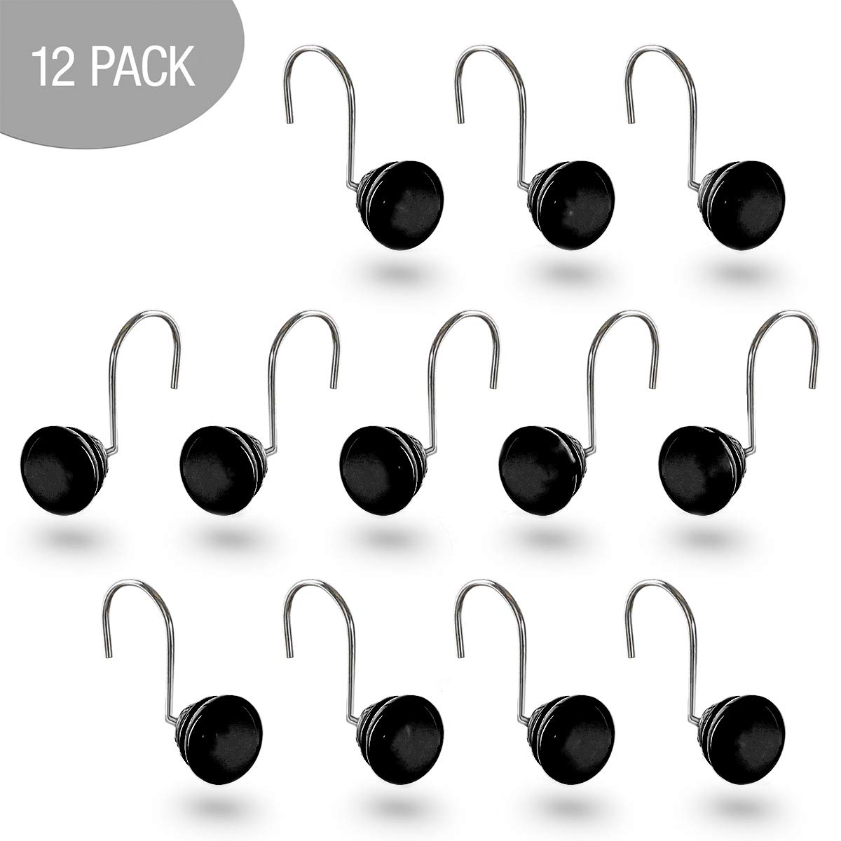 Creative Scents Black Shower Curtain Hooks - Set of 12 Shower Hooks for Shower Curtain - Decorative Shower Curtain Hooks Black - Durable Shower Curtain Rings for Bathroom Curtain Shower Rod