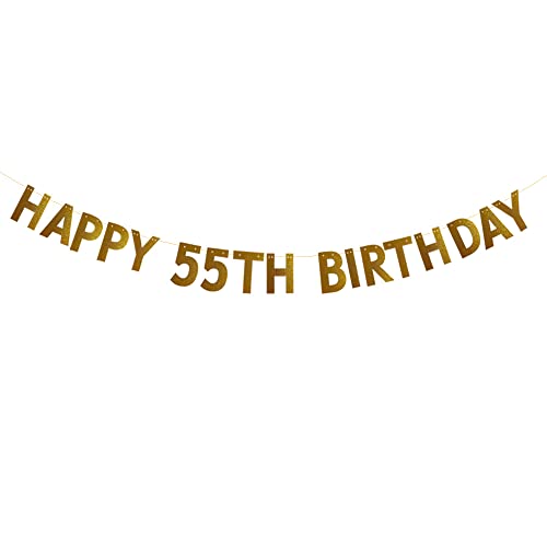 HAPPY 55TH BIRTHDAY Banner,Pre-strung,No Assembly Required,55th Birthday Party Decorations Supplies,Gold Glitter Paper Garlands Backdrops, Letters Gold Betteryanzi