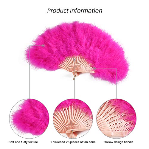 AWAYTR Vintage Marabou Feather Fan - Hand Held Folding Fan Accessories for Halloween Party (Rose red)
