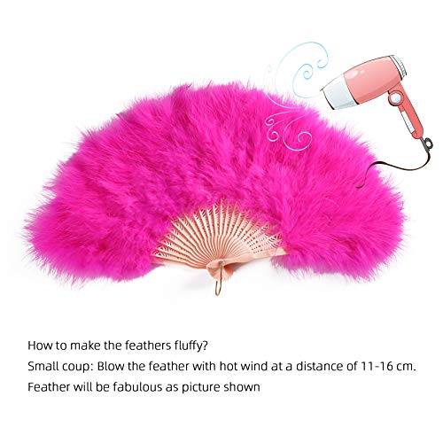 AWAYTR Vintage Marabou Feather Fan - Hand Held Folding Fan Accessories for Halloween Party (Rose red)