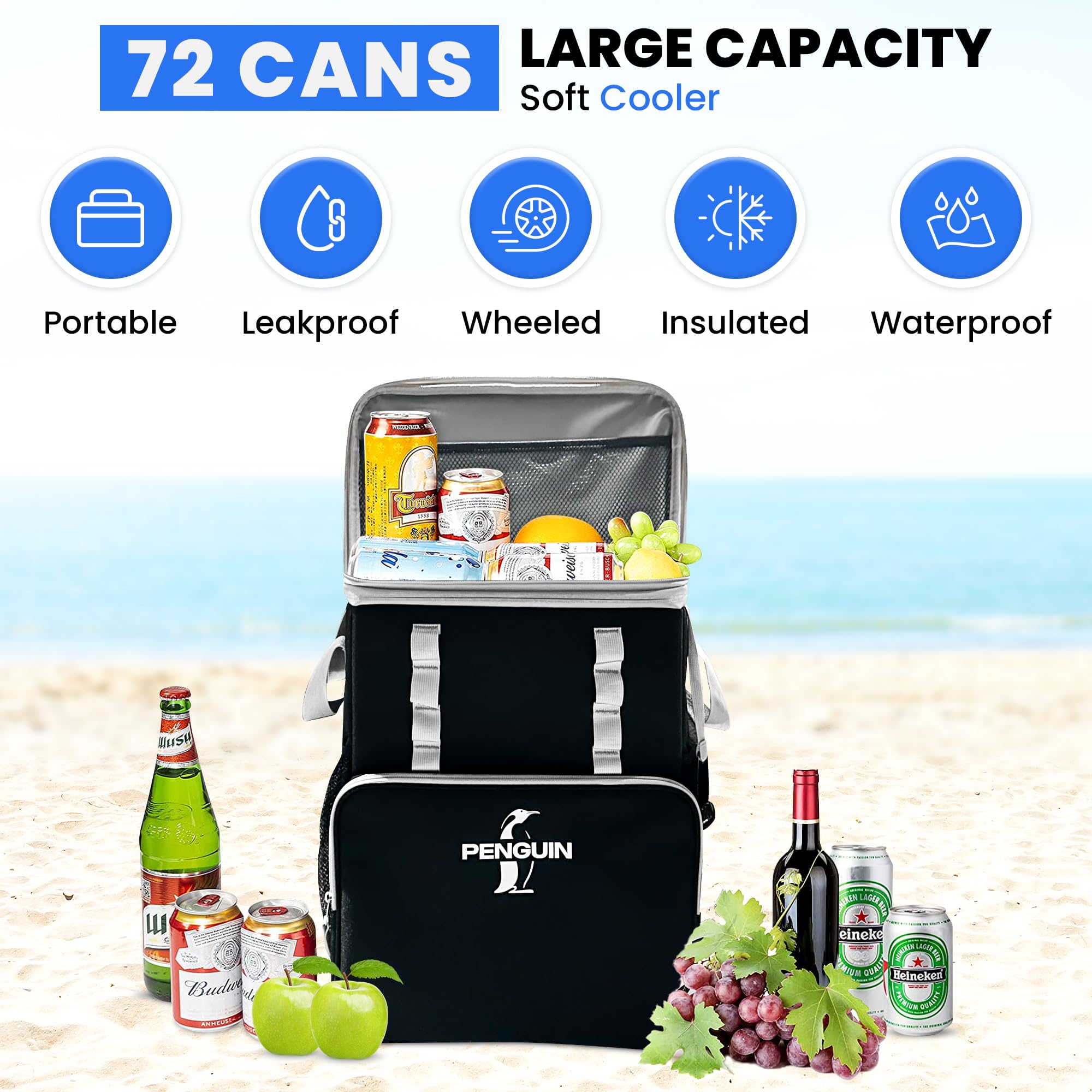 PENGUIN Coolers Polar Pak - Insulated Leakproof Portable Cooler, Waterproof Zippers - Collapsible Trolley Cooler with 4 Wheels - Removable Top & Mesh Side Pockets for Extra Storage - 72 Can Capacity