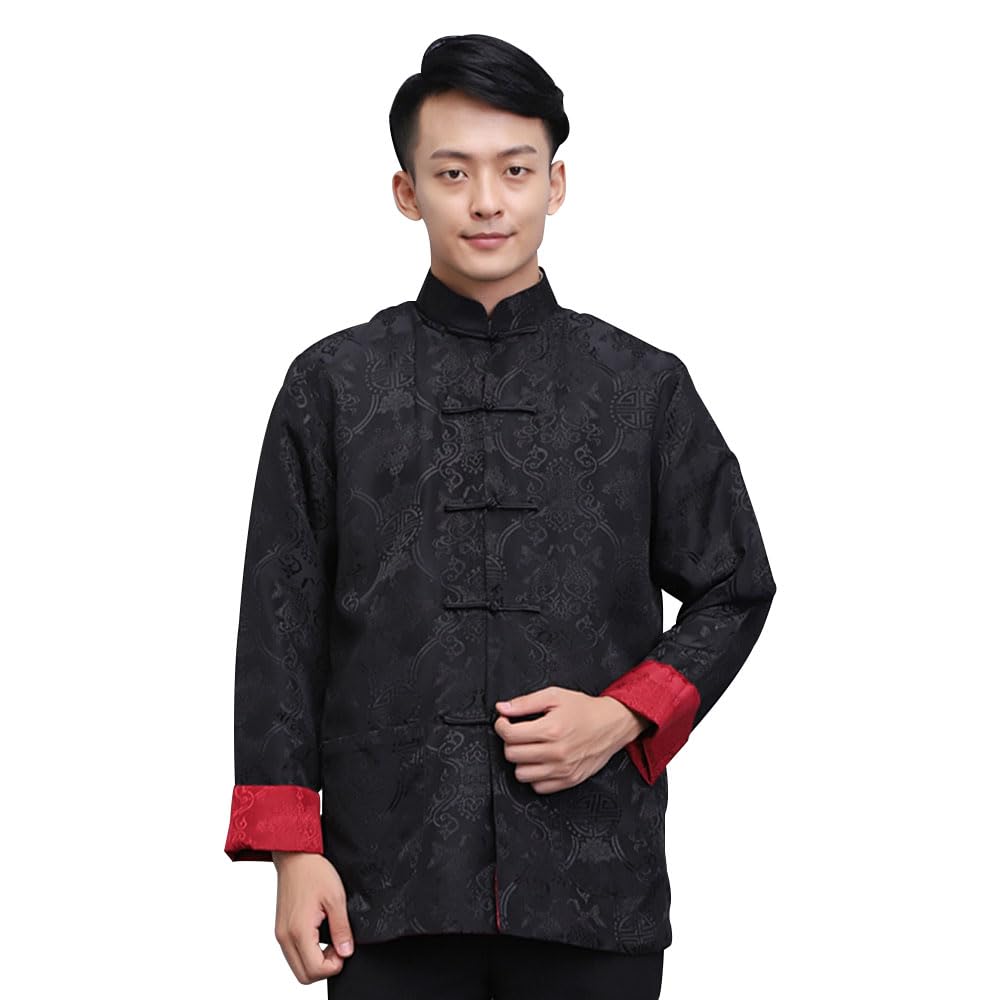 DLSNZ Men's Traditional Chinese Kung Fu Clothing Hanfu & Tang Suit Jacket Wing Chun Uniform Martial Arts Coats (Black+Wine Red, Large)