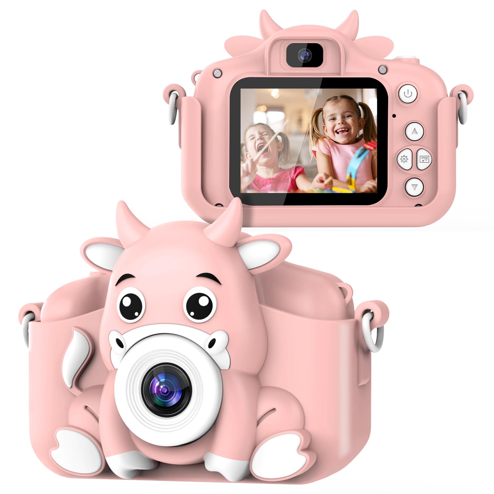 GREENKINDER Kids Camera, Toddler Digital Camera for Ages 3-12 Year Old Girls Boys Childrens, Christmas Birthday Toys Gifts, Selfie Camcorder HD 1080P Video 32GB Calf Pink