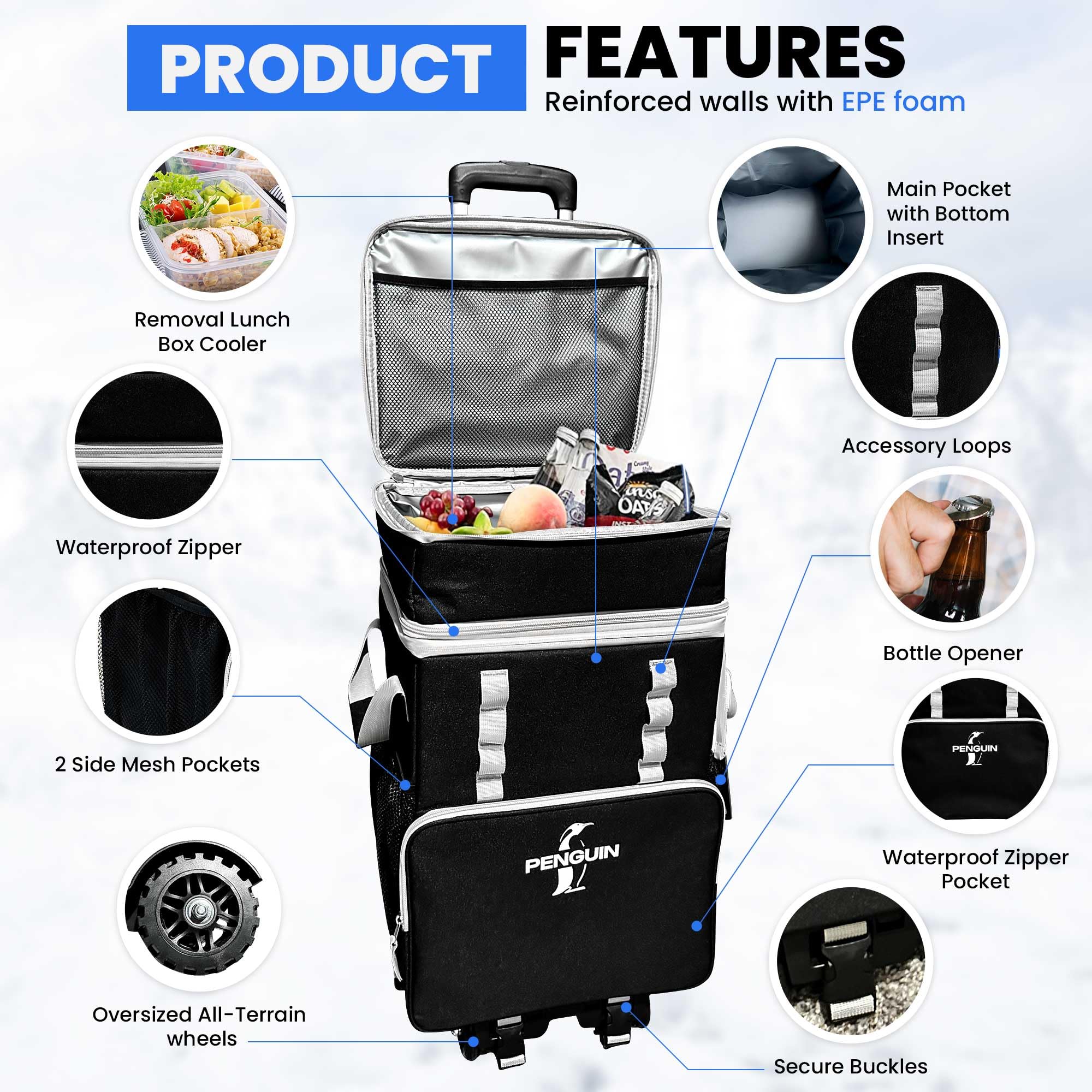 PENGUIN Coolers Polar Pak - Insulated Leakproof Portable Cooler, Waterproof Zippers - Collapsible Trolley Cooler with 4 Wheels - Removable Top & Mesh Side Pockets for Extra Storage - 72 Can Capacity