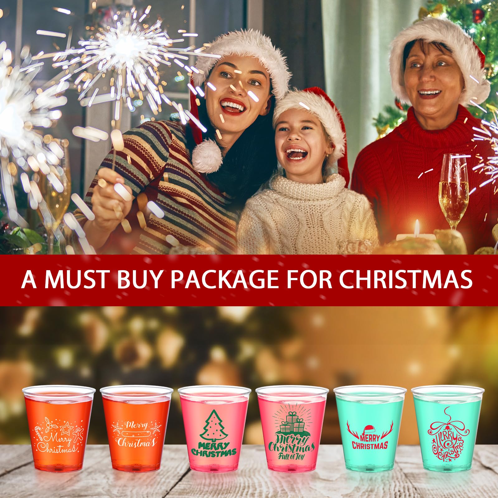 Nuogo 120 Pieces Merry Christmas Plastic Shot Glasses 2 oz Christmas Party Shot Cups Bulk Disposable Plastic Drinking Tasting Cups for Whiskey Xmas Party Supplies