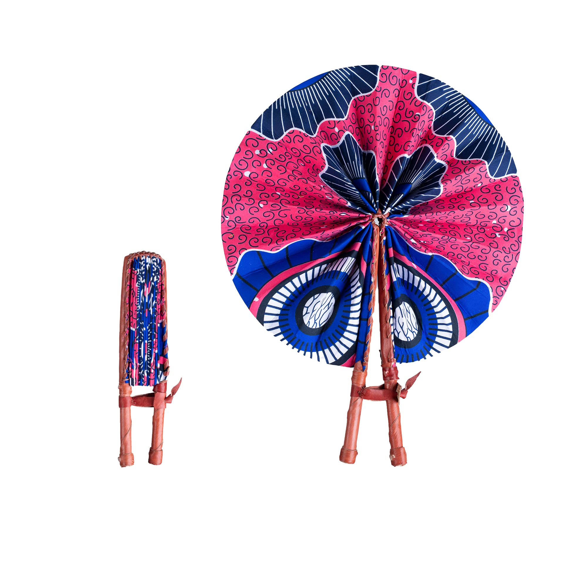 Handmade in Ghana Colorful Ankara African Print Handheld Bolga Folding Fan With Leather Handles Handheld African Fabric Folding Fan (Multi 3)