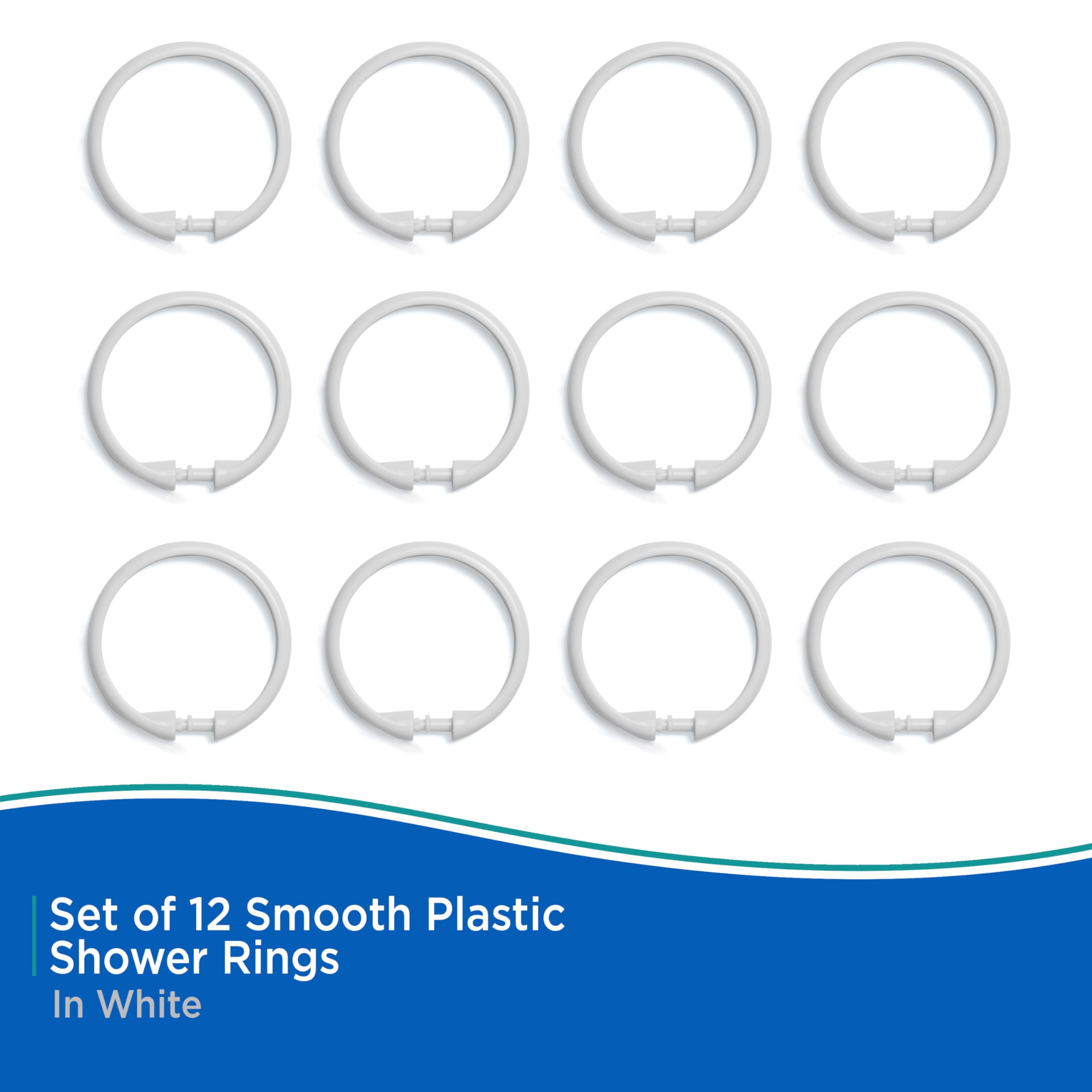 Kenney KN61217 Rust-Proof Smooth Plastic Shower Curtain Rings for Shower Curtain and Standard Shower Curtain Rod, Bathroom Use, Easy to Snap Closure, Easy to Install, Set of 12, White