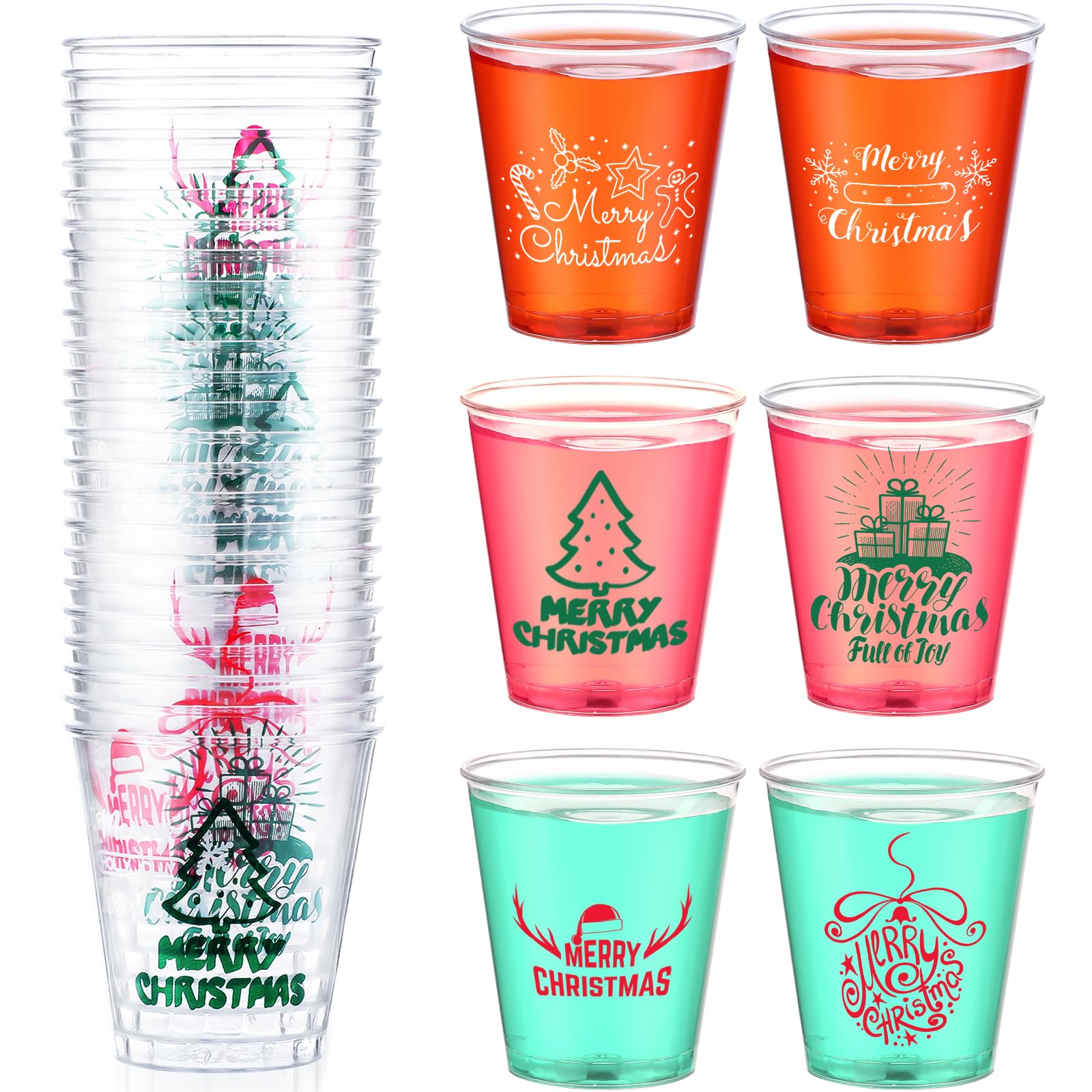 Nuogo 120 Pieces Merry Christmas Plastic Shot Glasses 2 oz Christmas Party Shot Cups Bulk Disposable Plastic Drinking Tasting Cups for Whiskey Xmas Party Supplies