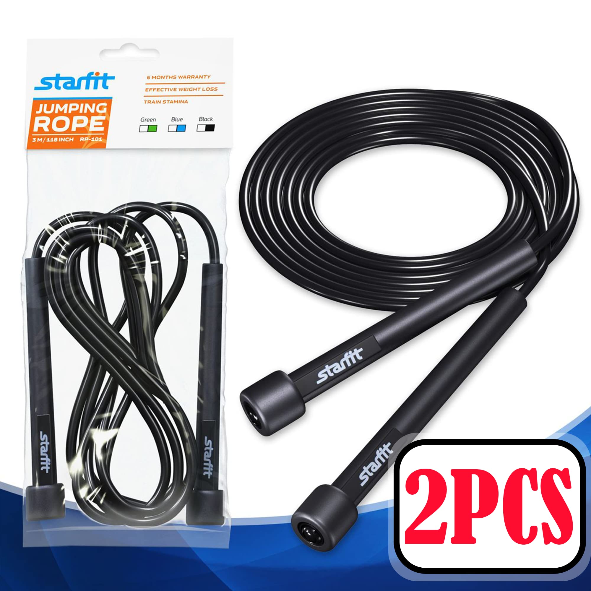 STARFIT Lightweight Jump Rope 2pcs for Fitness and Exercise,Adjustable Jump Ropes with Plastic Handles, Cardio and Endurance Training,Jumping Rope for Workout (Black+Black)