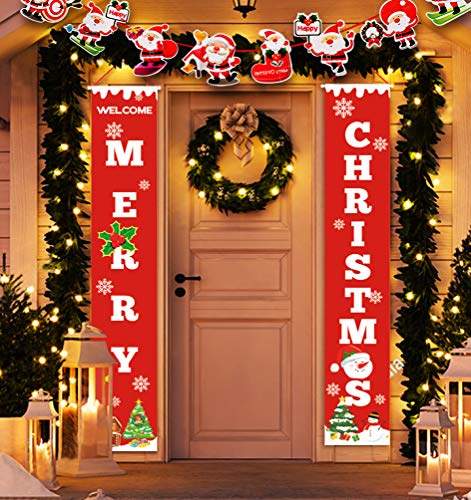 Idefair Merry Christmas Banners,New Year Outdoor Indoor Christmas Decorations welcome Bright Red Xmas Porch Sign Hanging for Home Wall Door Holiday Party Decor (Red-Christmas Banner)