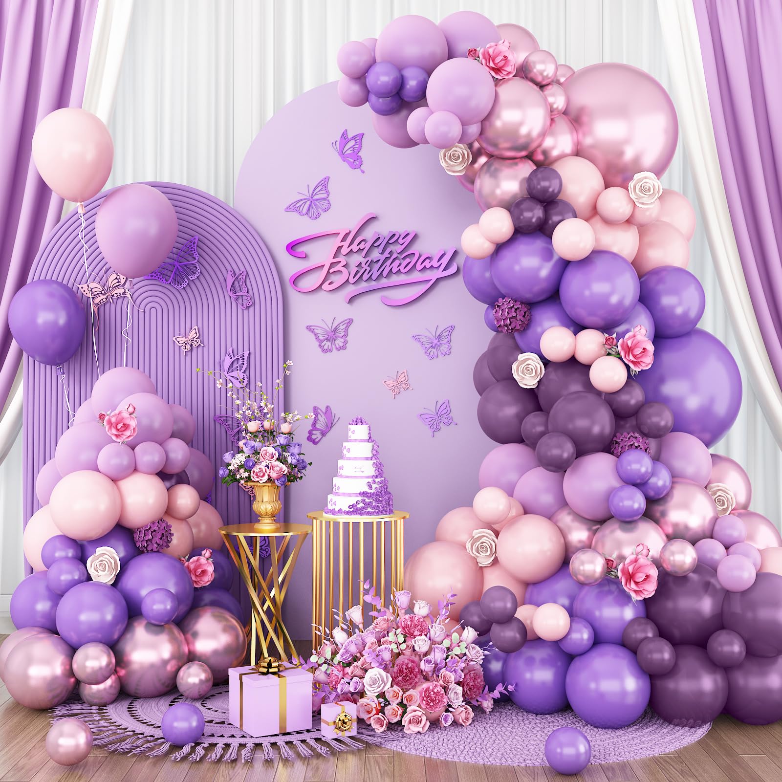 Dusty Purple Pink Balloon Arch Garland Kit, 104Pcs Double Stuffed Lavender Purple Lilac Pastel Pink Metallic Latex Balloons Arch for Girls Women Birthday Baby Bridal Shower Wedding Party Decoration