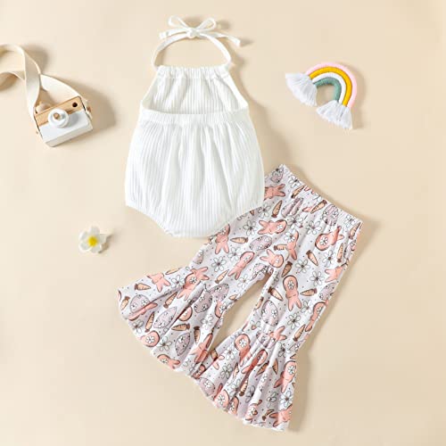 YOKJZJD Infant Baby Girl Easter Outfit Knitted Sleeveless Romper T-Shirt Tops Bunny Bell Bottom Pants Set Summer Clothes (White, 6-12 Months)