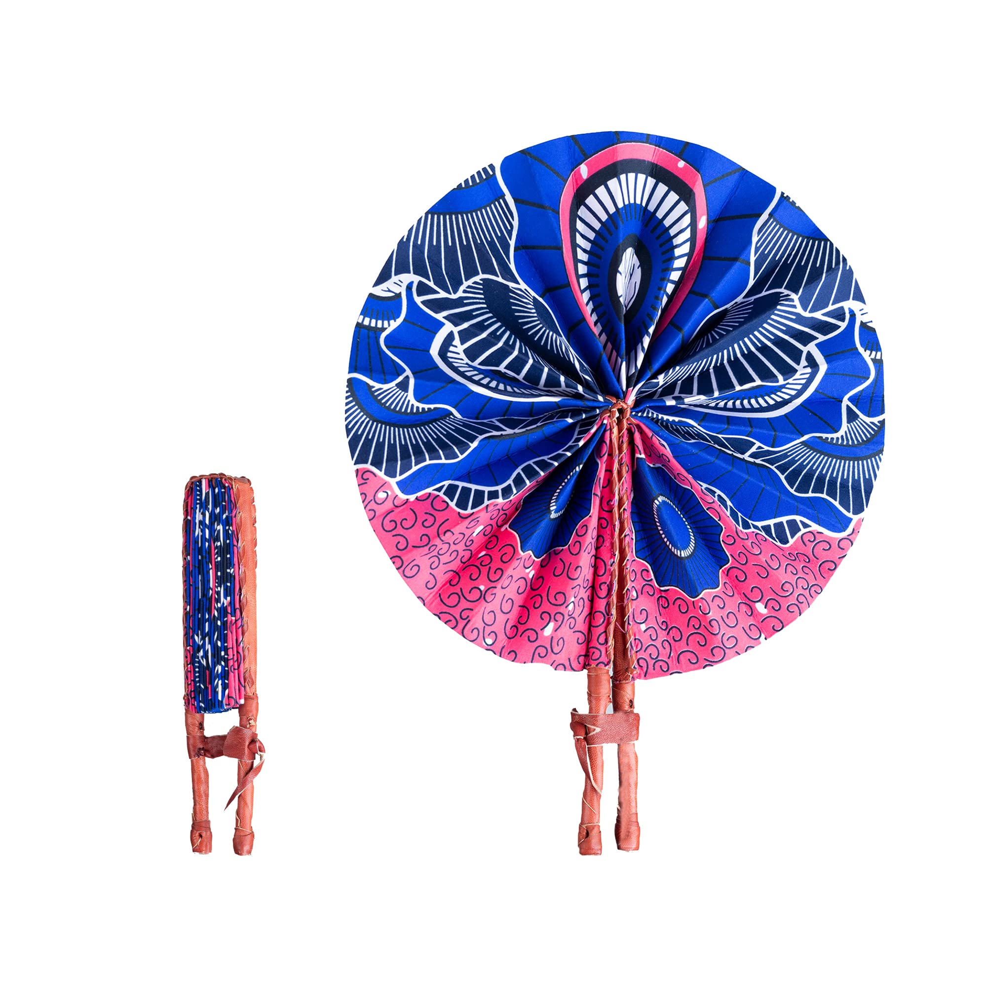 Handmade in Ghana Colorful Ankara African Print Handheld Bolga Folding Fan With Leather Handles Handheld African Fabric Folding Fan (Multi 3)