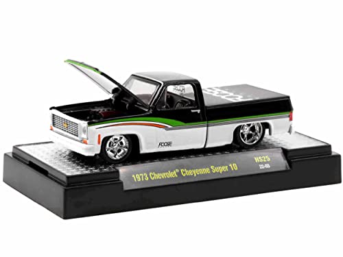 1973 Chevy Cheyenne Super 10 Pickup Truck Black & White w/Stripes Foose Ltd Ed to 22000 pcs Worldwide 1/64 Diecast Model Car by M2 Machines 31500-HS25