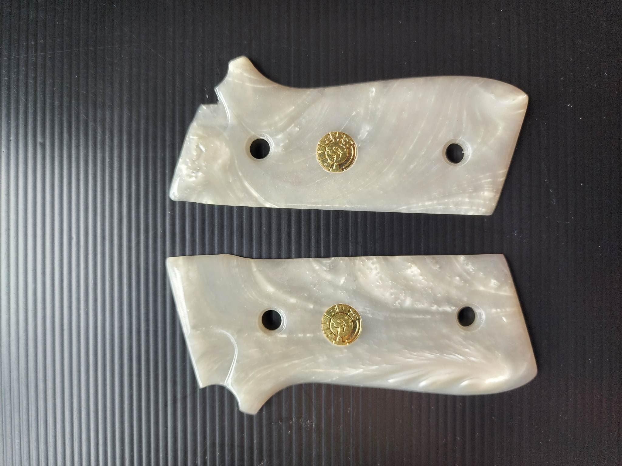 BMPL New Grips Compatible with Taurus Pt-92, Pt-99, Pt100, Pt101 Decocker, Smooth White Pearl Resin Polyester,Gold Medallion, Thai Handmade