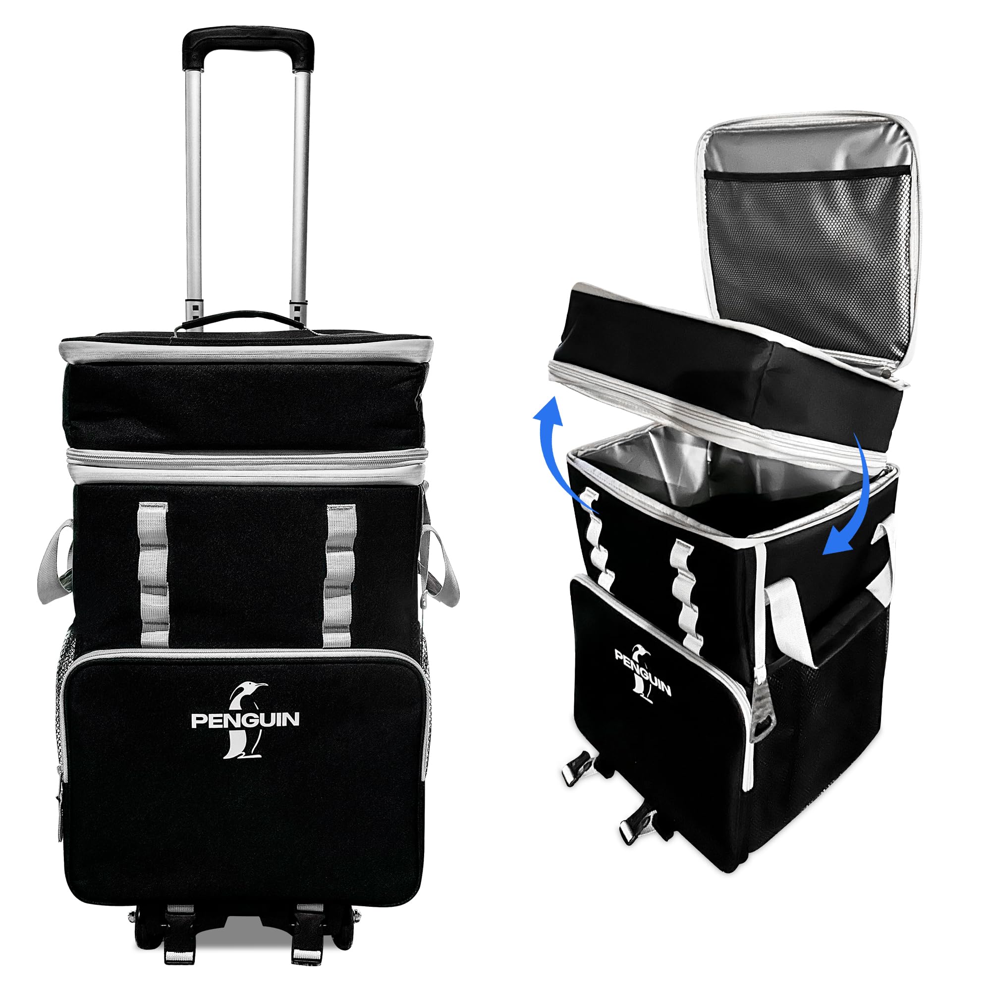 PENGUIN Coolers Polar Pak - Insulated Leakproof Portable Cooler, Waterproof Zippers - Collapsible Trolley Cooler with 4 Wheels - Removable Top & Mesh Side Pockets for Extra Storage - 72 Can Capacity