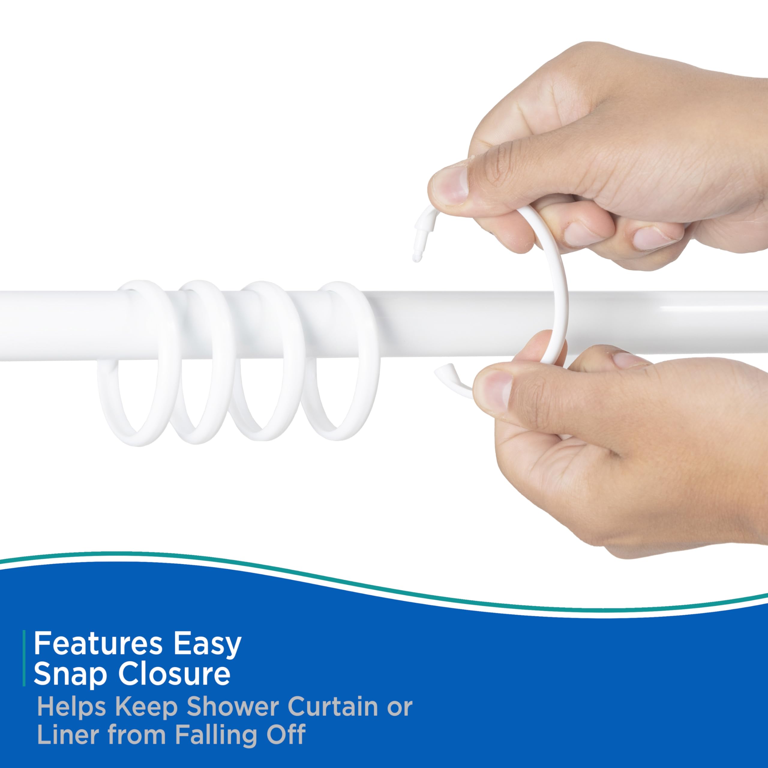 Kenney KN61217 Rust-Proof Smooth Plastic Shower Curtain Rings for Shower Curtain and Standard Shower Curtain Rod, Bathroom Use, Easy to Snap Closure, Easy to Install, Set of 12, White