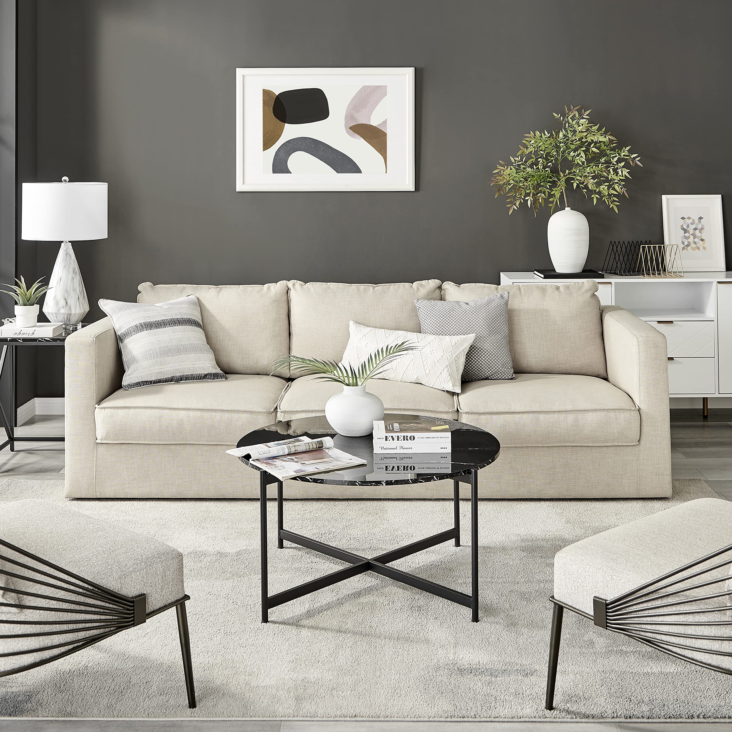 Danya B. Round Contemporary Marble Finish Veneer Top Black Metal Large Coffee Table - White or Black Marble (Black Marble)