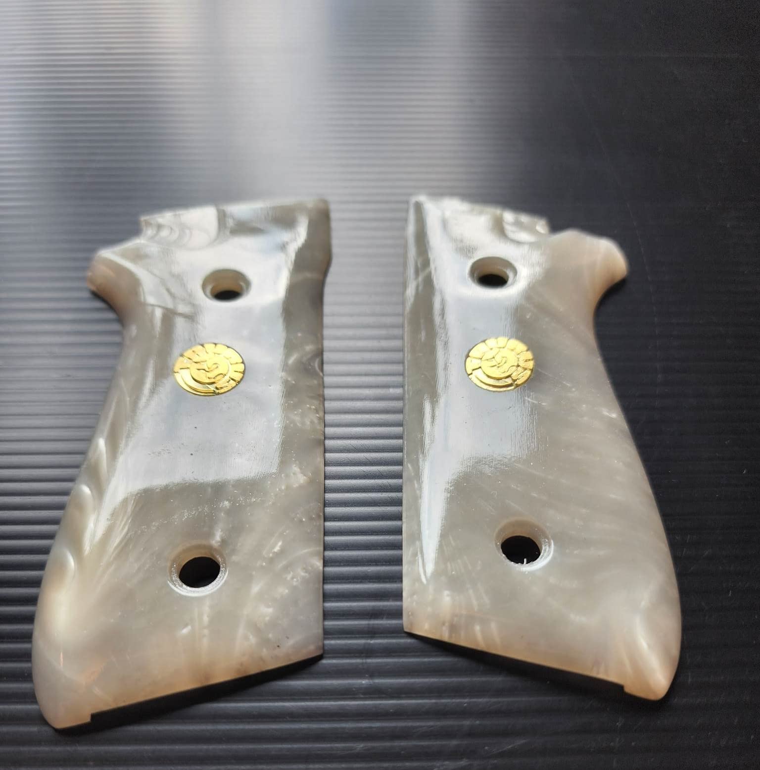 BMPL New Grips Compatible with Taurus Pt-92, Pt-99, Pt100, Pt101 Decocker, Smooth White Pearl Resin Polyester,Gold Medallion, Thai Handmade