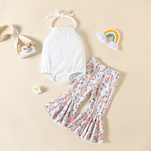 YOKJZJD Infant Baby Girl Easter Outfit Knitted Sleeveless Romper T-Shirt Tops Bunny Bell Bottom Pants Set Summer Clothes (White, 6-12 Months)