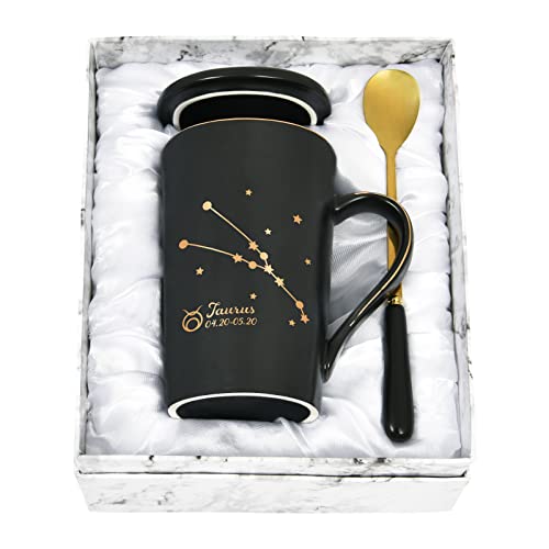 YHRJWN - Taurus Constellation Zodiac Sign Star Coffee Mug, Birthday Gift for Women, Girls, Men, Teens, 12 Horoscope Astrology Lovers, 14 Oz Black (Spoon, Lid, Gift Box)
