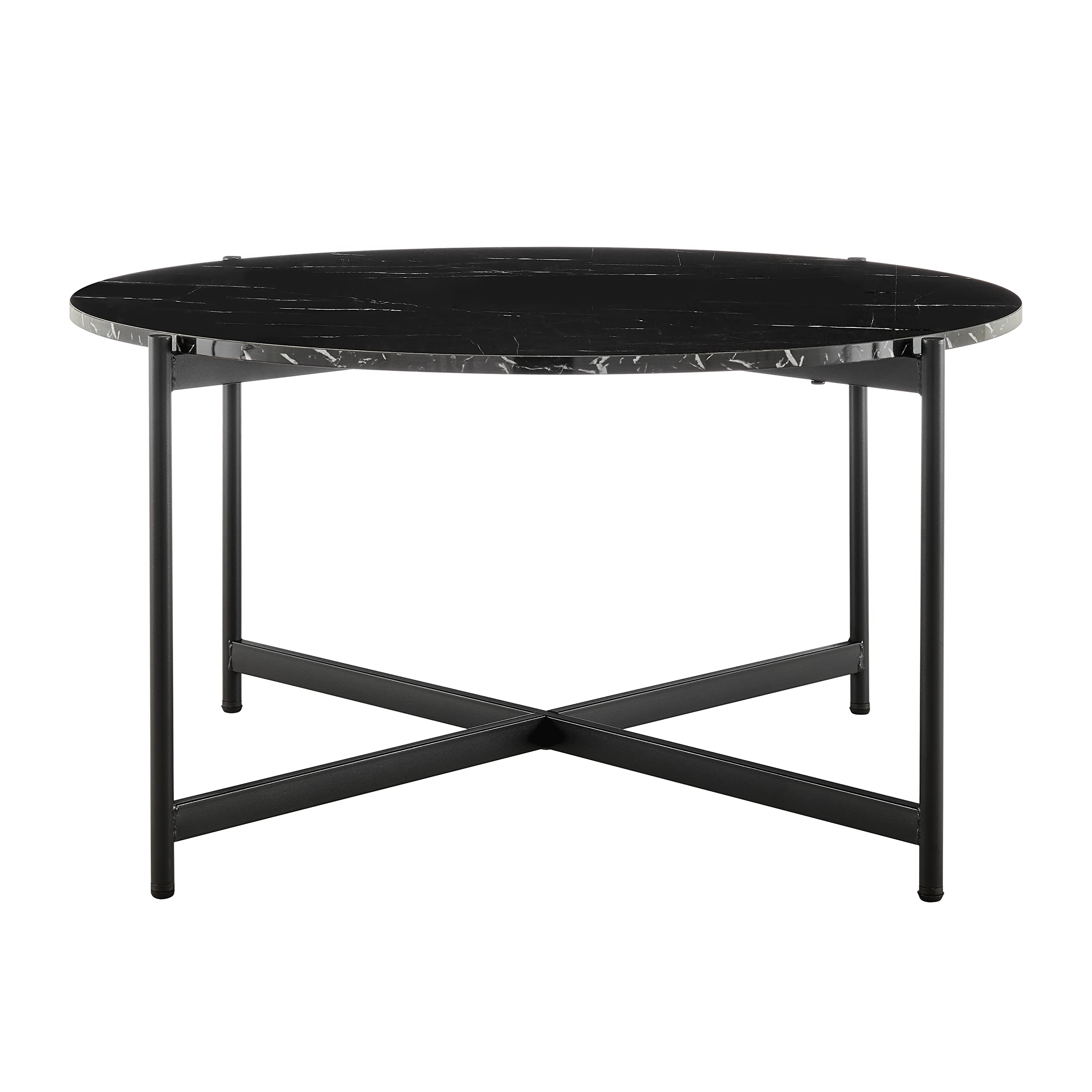 Danya B. Round Contemporary Marble Finish Veneer Top Black Metal Large Coffee Table - White or Black Marble (Black Marble)