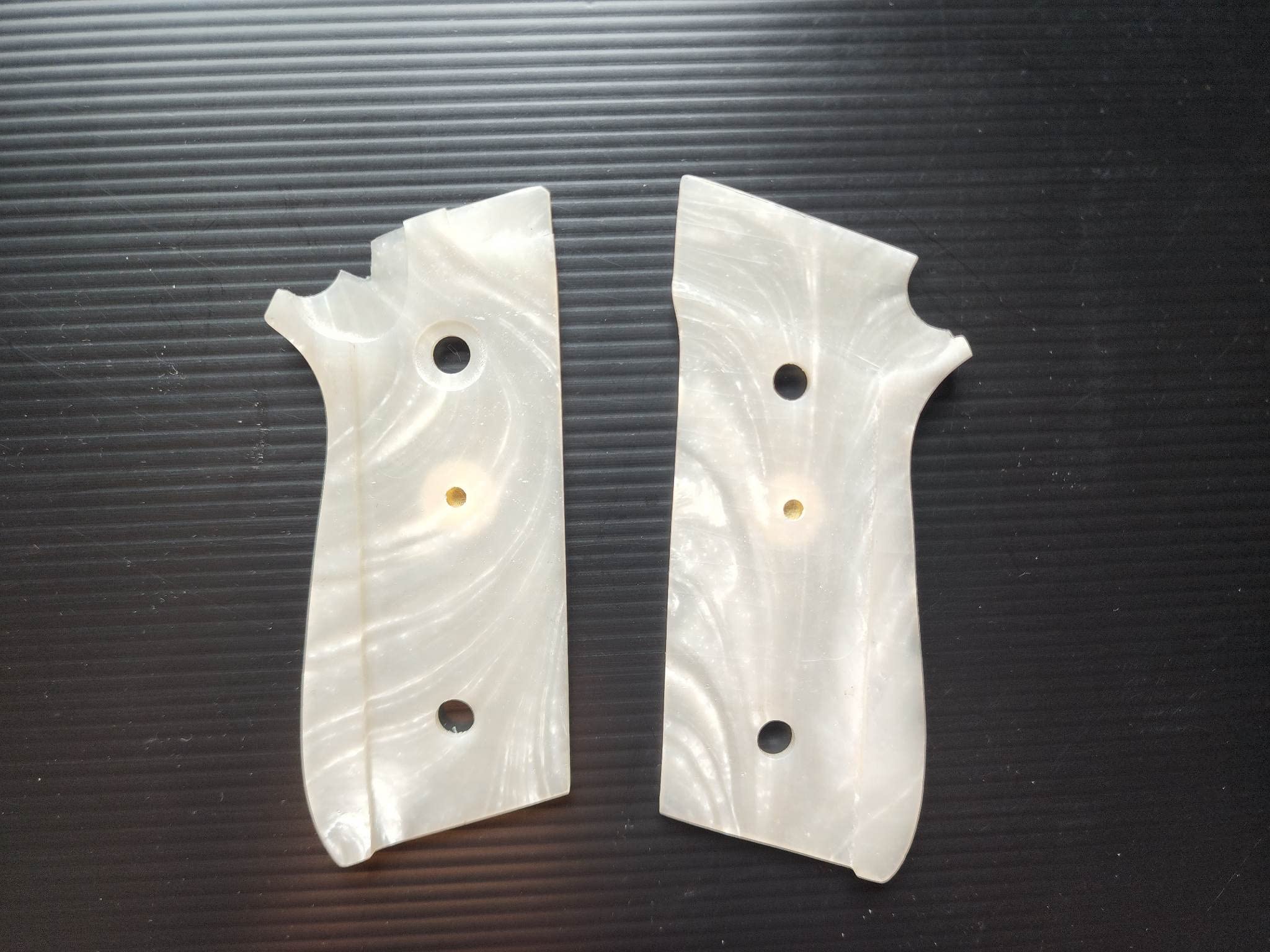 BMPL New Grips Compatible with Taurus Pt-92, Pt-99, Pt100, Pt101 Decocker, Smooth White Pearl Resin Polyester,Gold Medallion, Thai Handmade