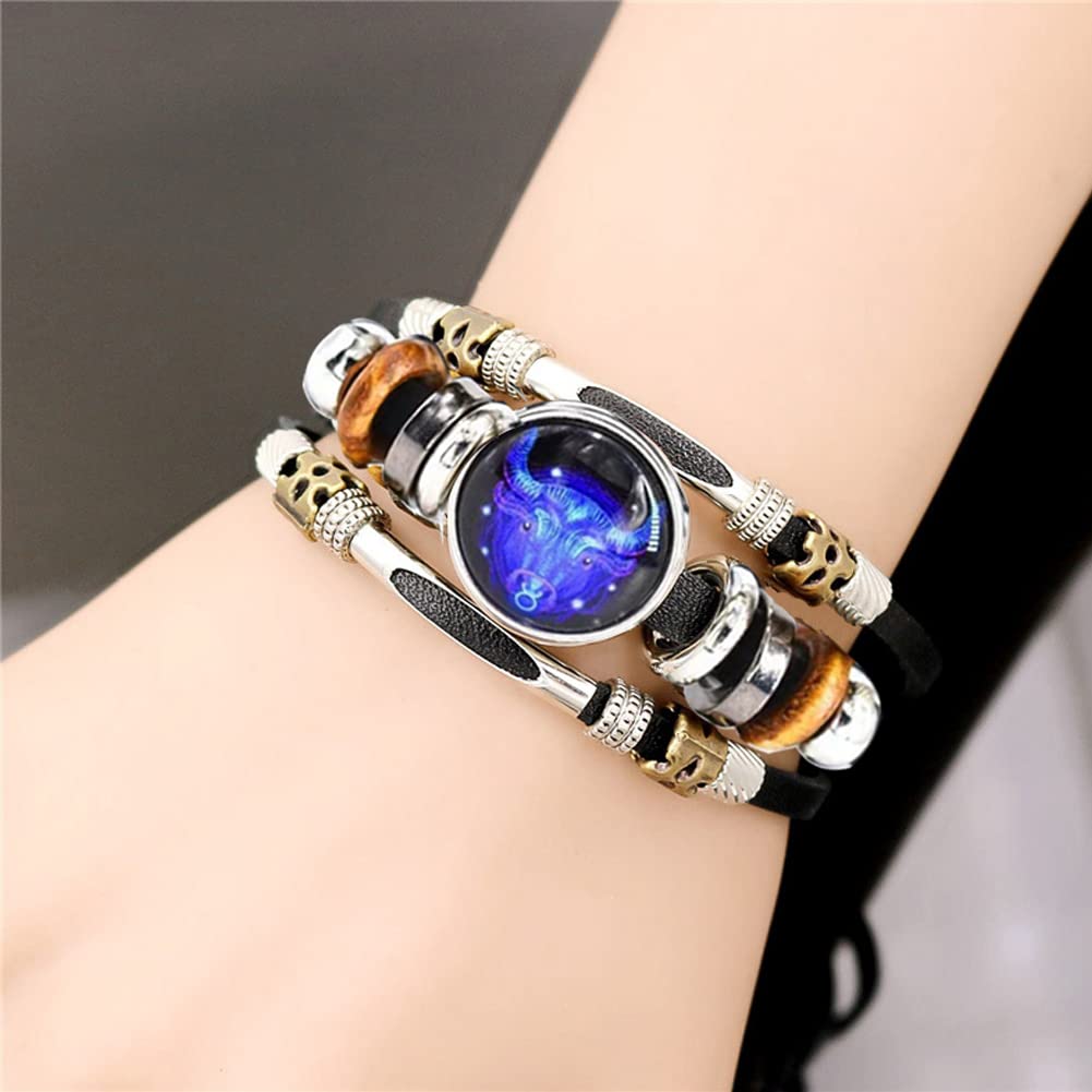 Zodiac Taurus Constellation Bracelet Handmade Woven Multilayer Zodiac Sign Leather Wrap Bracelet Wristband for Women Men Jewelry Gift 2Pcs Set