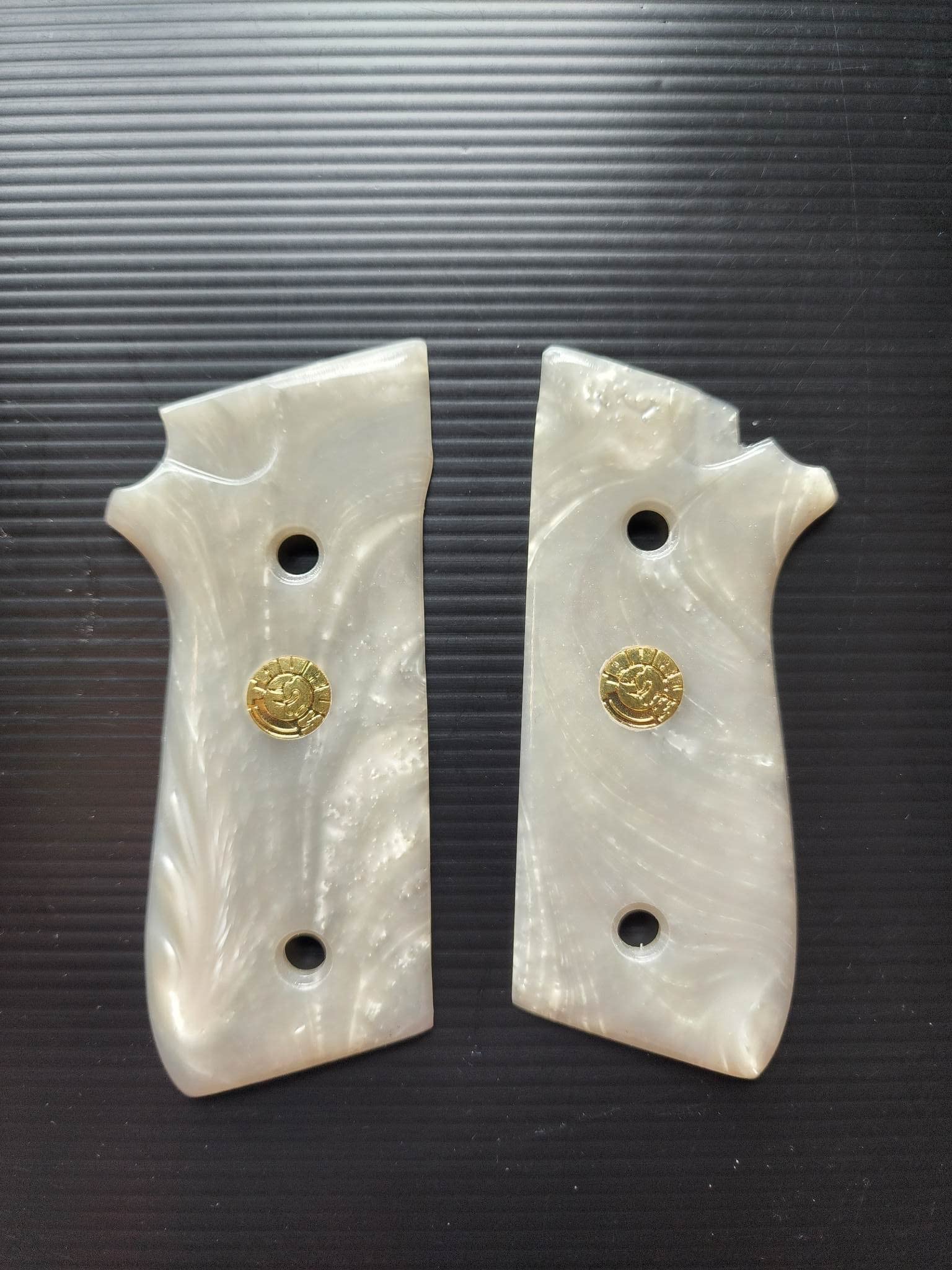 BMPL New Grips Compatible with Taurus Pt-92, Pt-99, Pt100, Pt101 Decocker, Smooth White Pearl Resin Polyester,Gold Medallion, Thai Handmade