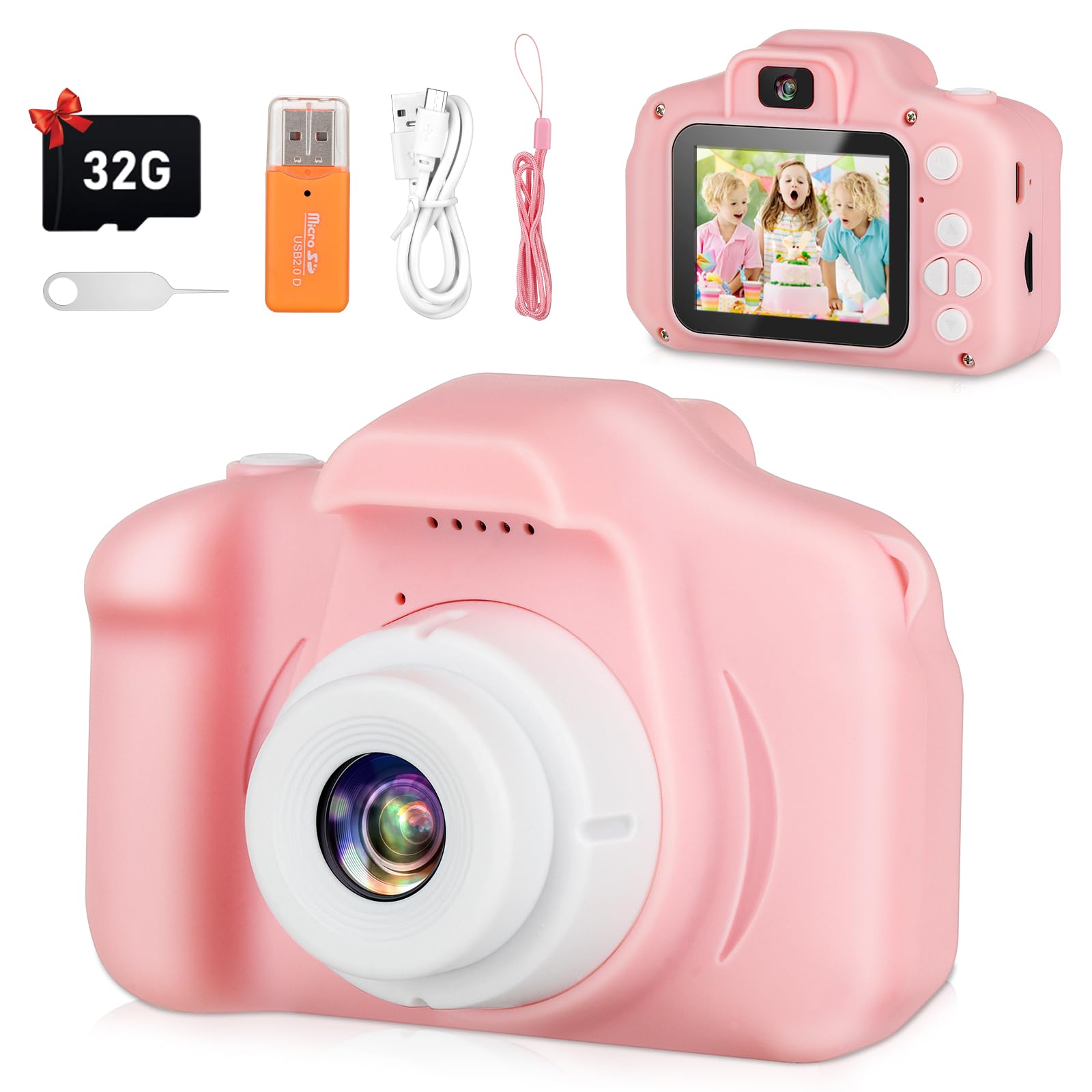 Kids Camera, Camera for Kids Boys Girls, Kids Digital Camera Toys for 6 7 8 9 Year Old Girls, HD Digital Video Cameras for Toddler, Christmas Birthday Gifts for Boys with 32GB SD Card-Pink