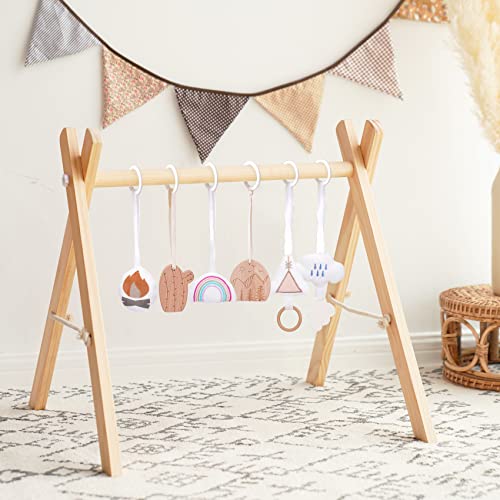 Mallify Wooden Baby Play Gym, Toddler Activity Center with 6 Hanging, Folding Hanging Bar, Pull Ring Toys, Easy to Assemble