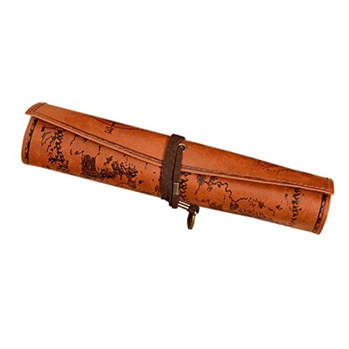 ANTIMAX Vintage Roll Up Pencil Case Creative Map Matte Smooth Cover Pencil Pouch Art Makeup Cosmetic Pouch with Pendant for Business School Gifts Smooth Light Brown