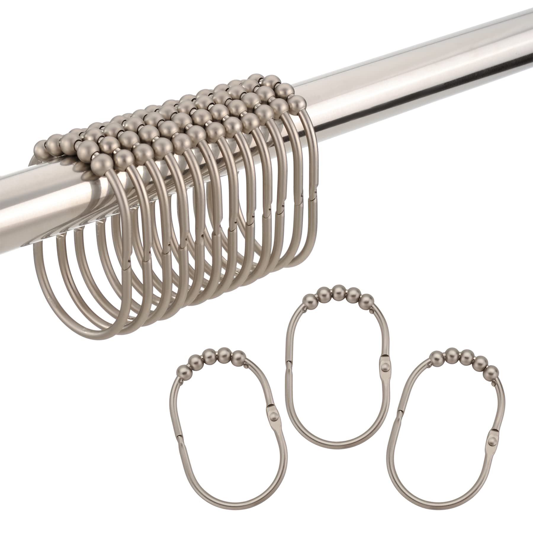 Amazer Shower Curtain Rings, Shower Curtain Hooks Rust-Resistant Shower Curtain Rings Hooks for Bathroom Shower Rod Curtains, Matte Nickel, Set of 12