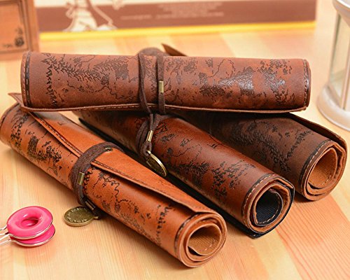 ANTIMAX Vintage Roll Up Pencil Case Creative Map Matte Smooth Cover Pencil Pouch Art Makeup Cosmetic Pouch with Pendant for Business School Gifts Smooth Light Brown