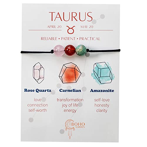BOHO GARDEN Zodiac Bead Bracelets(Taurus) - 3 Polished Birthstone Crystal Beaded Bracelets - Made of Real & Natural Gemstones, Adjustable 3-9.7” Black Rope - Jewelry for Men, Women, Teens (13+) - 8mm Beads