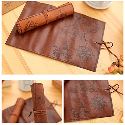 ANTIMAX Vintage Roll Up Pencil Case Creative Map Matte Smooth Cover Pencil Pouch Art Makeup Cosmetic Pouch with Pendant for Business School Gifts Smooth Light Brown