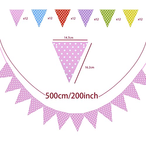 98FT Pennant Banner 6Pack 72PCS Triangle Flags Paper Pennant Bunting Garland Polka Dot Print Pennant Hanging Triangle Flags for Theme Party Decorations Supplies