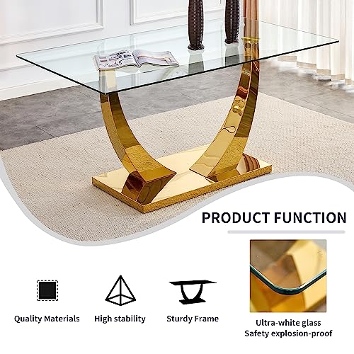 63in Glass Dining Table for 6 with Steel Base, Rectangle Dining Room Table Kitchen Table with Golden U-Shape Bracket, Luxury Dining Table for 4 or 6, Dinner Table for Living Room Banquet Hall