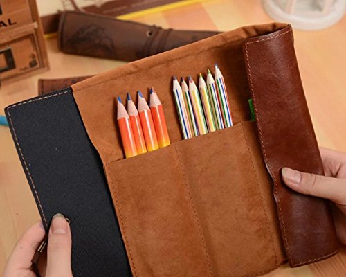 ANTIMAX Vintage Roll Up Pencil Case Creative Map Matte Smooth Cover Pencil Pouch Art Makeup Cosmetic Pouch with Pendant for Business School Gifts Smooth Light Brown