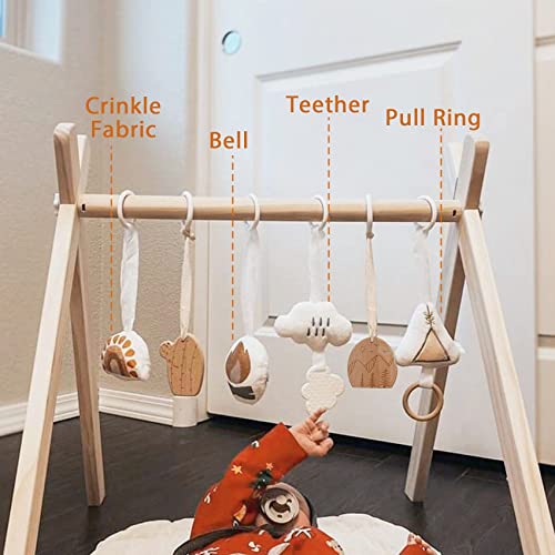Mallify Wooden Baby Play Gym, Toddler Activity Center with 6 Hanging, Folding Hanging Bar, Pull Ring Toys, Easy to Assemble